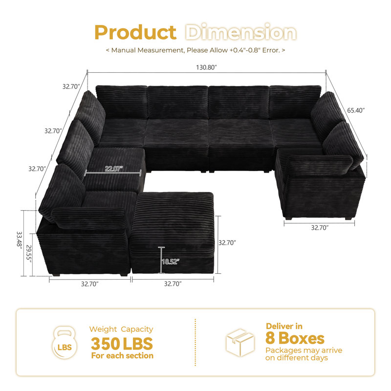 Wrought Studio™ Modular U-shaped Sectional Plush Corduroy Sofa With Movable Ottoman & Reviews ...